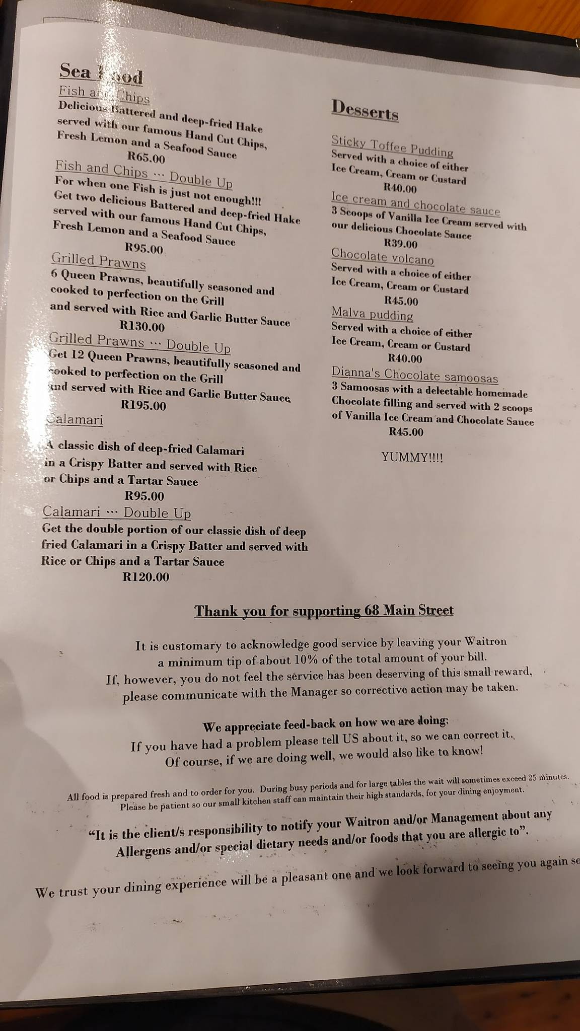 Menu at 68 Main restaurant, Howick