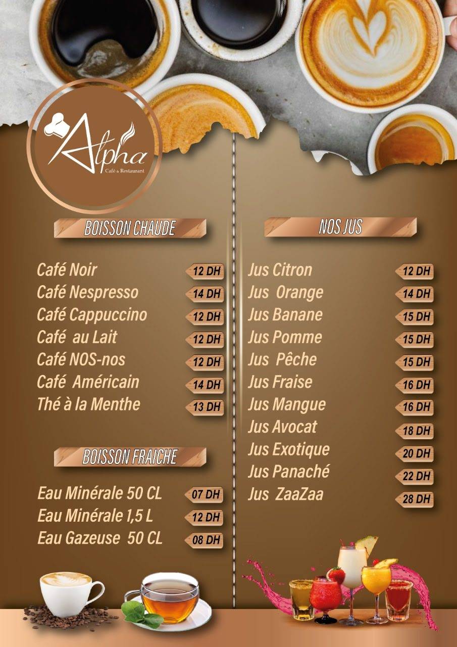 Menu au Alpha restaurant, Ben Guerir