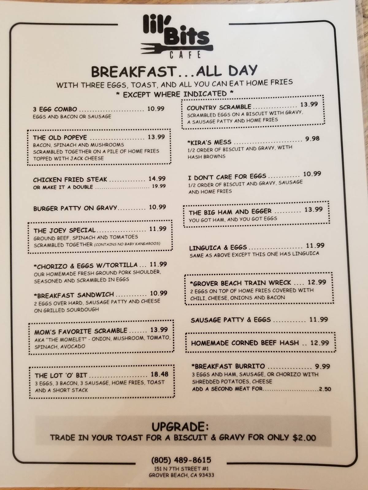 Menu at Lil' Bits Café restaurant, Grover Beach