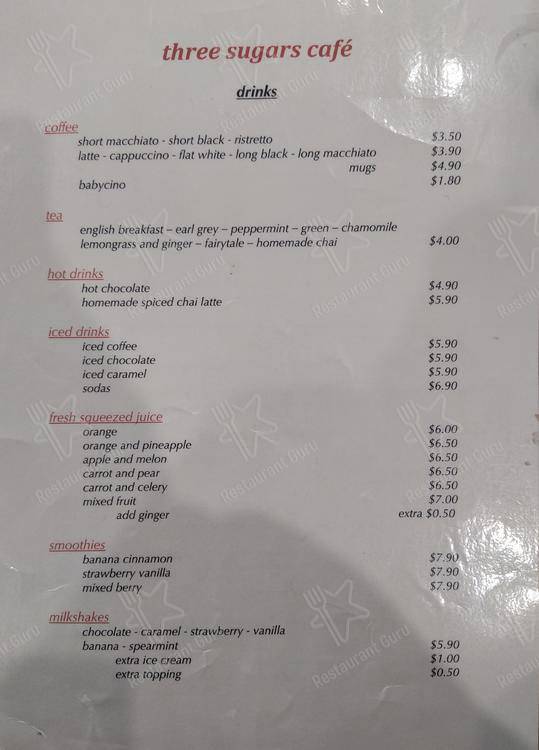 Menu at Three Sugars Cafe, Warburton