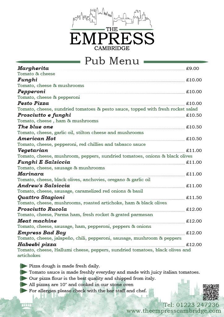 Menu at The Empress pub & bar, Cambridge