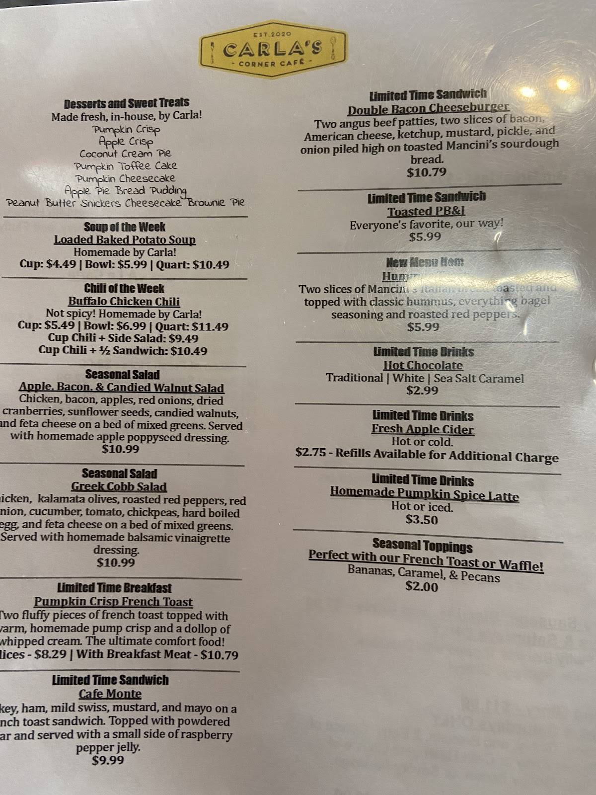 Menu at Carla's Corner Cafe, Columbiana