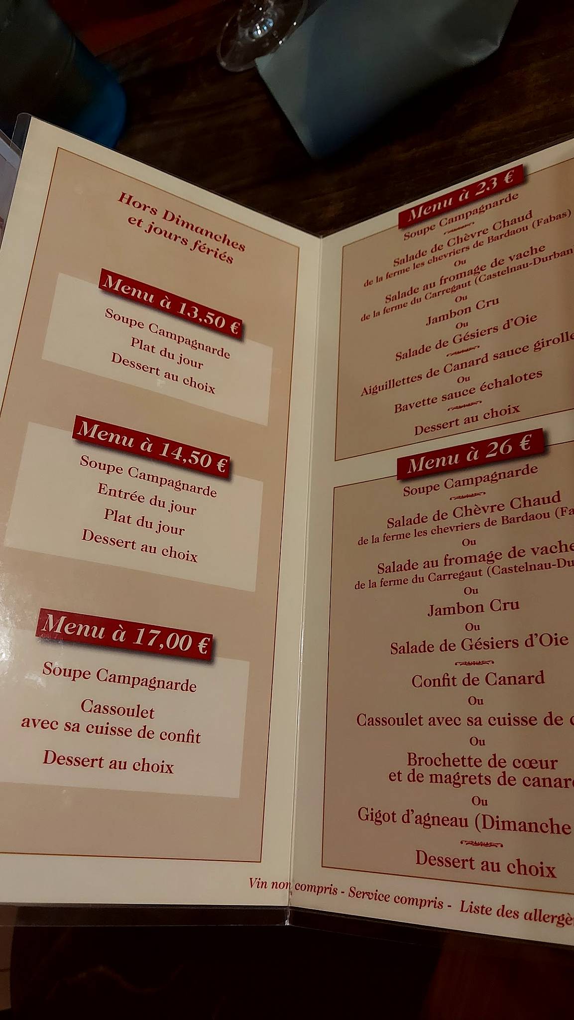 Menu au Restaurant Chez Victor, Castelnau-Durban