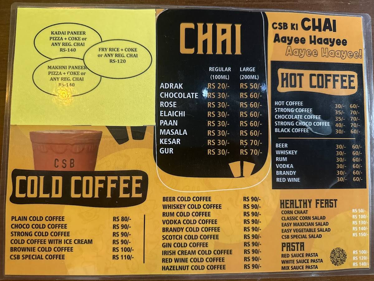 Menu at Chai Sutta Bar Zira, Zira