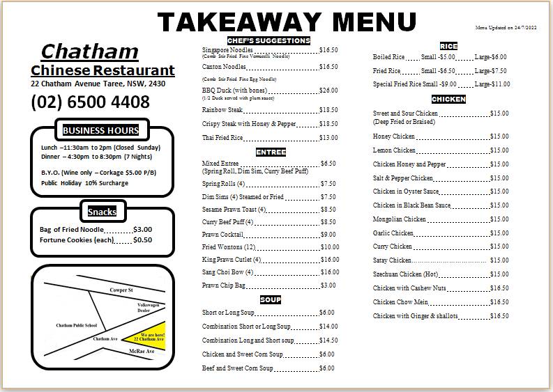 Menu at Chatham Chinese Restaurant, Taree