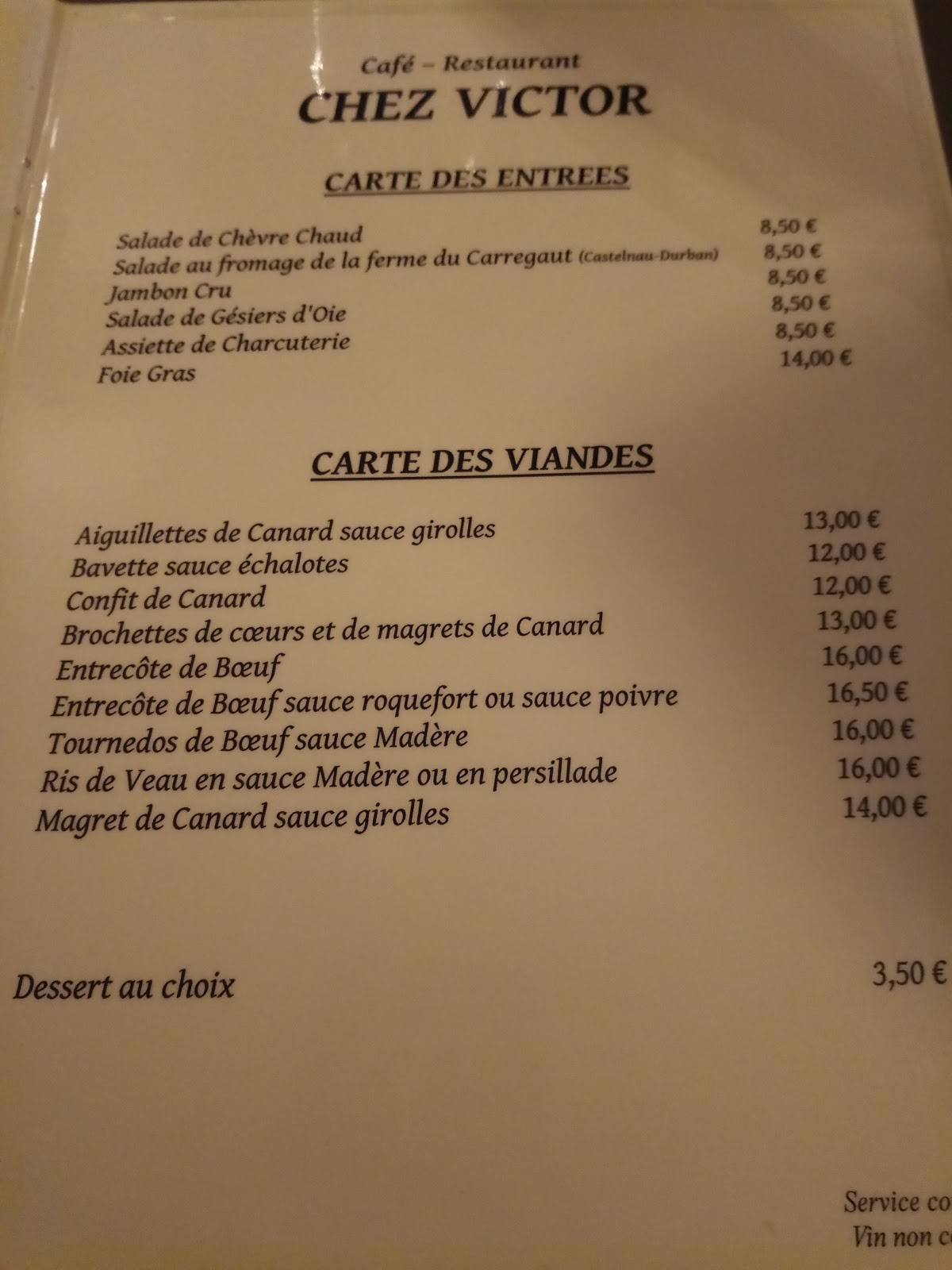 Menu au Restaurant Chez Victor, Castelnau-Durban