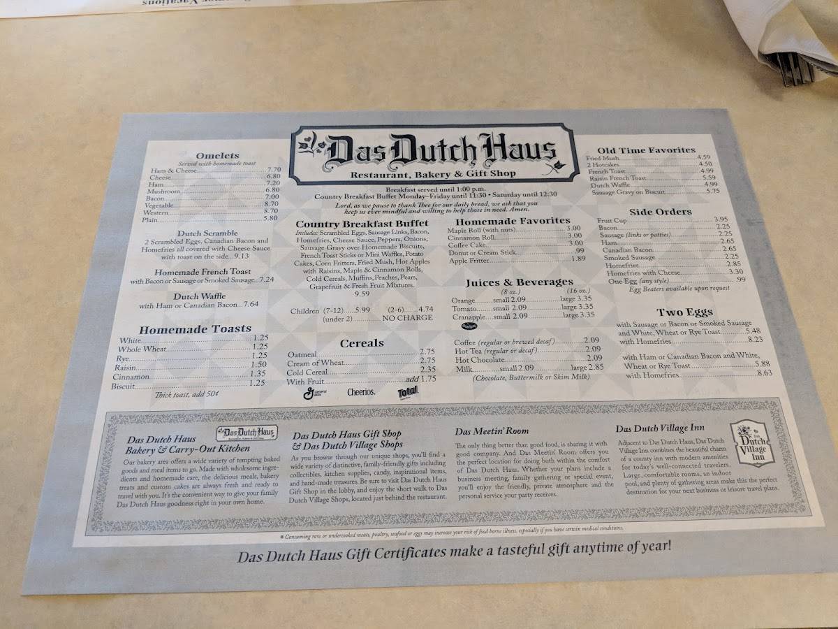 Menu at Das Dutch Haus Restaurant, Columbiana