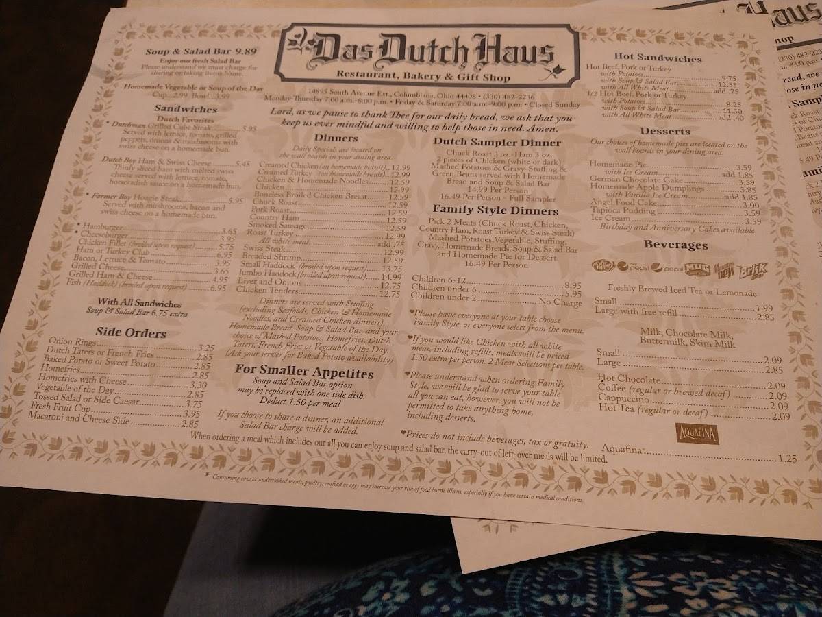 Menu at Das Dutch Haus Restaurant, Columbiana