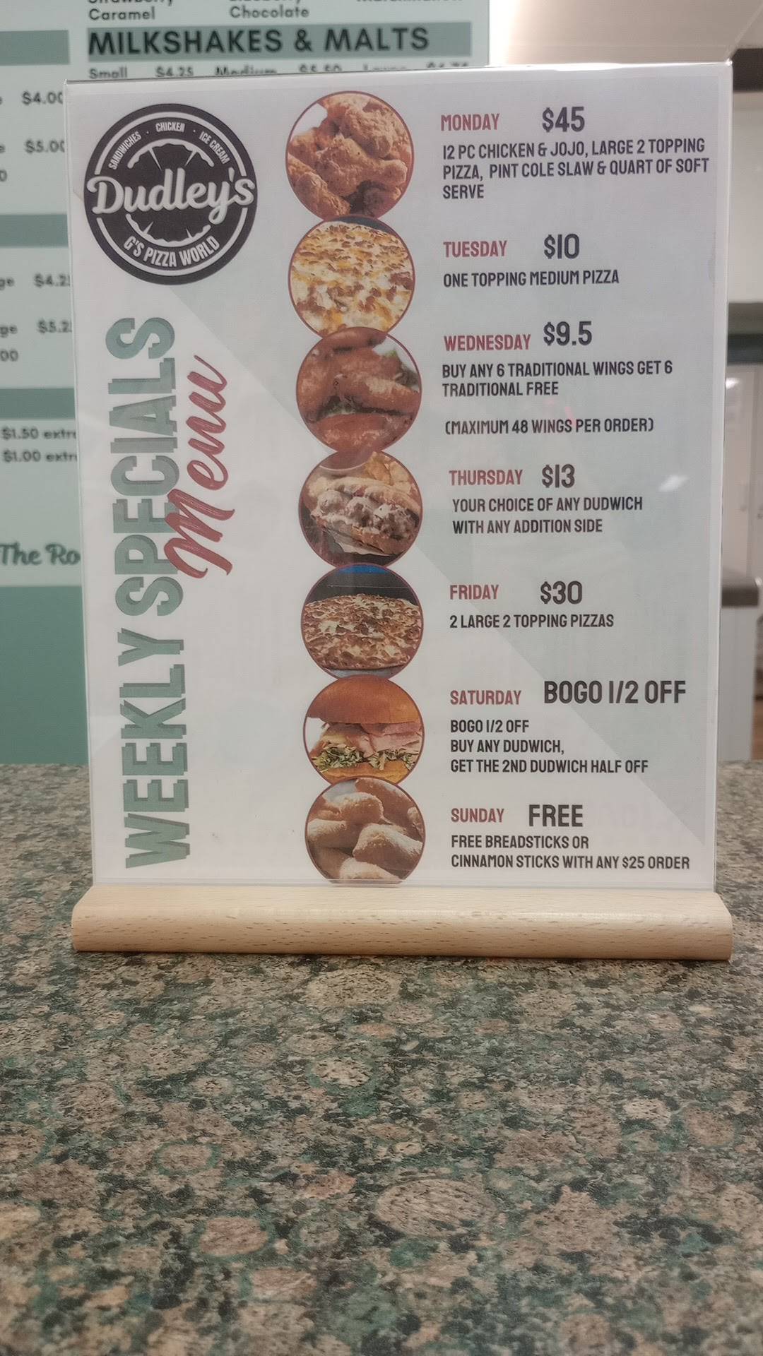 Menu at Dudley's G's Pizza World pizzeria, Damascus