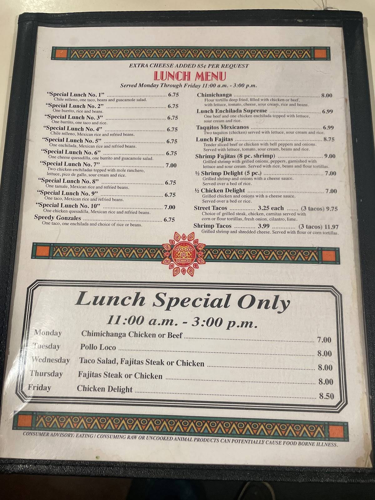 Menu at El Rey Azteca restaurant, Oneida, Alberta St