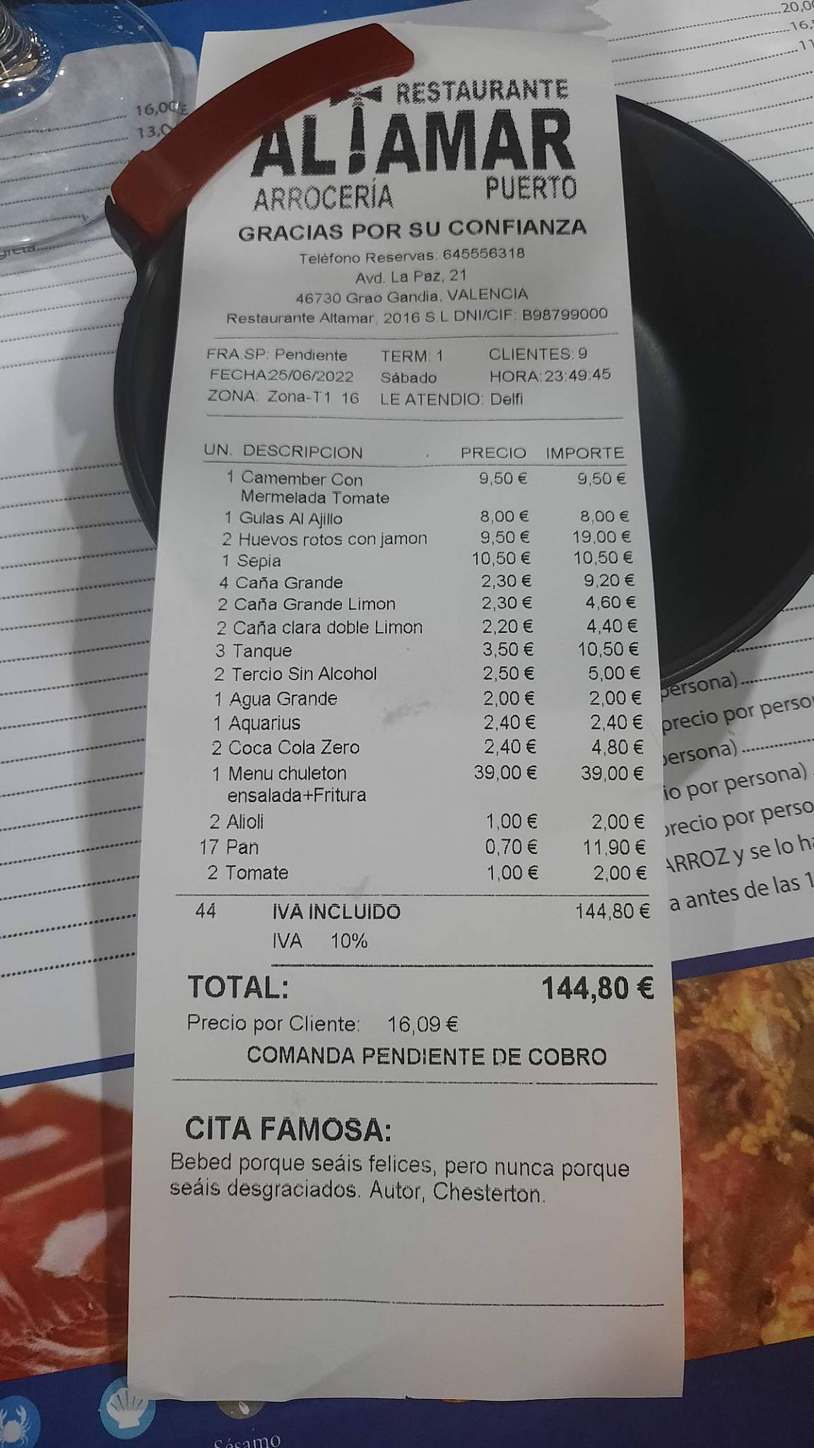 Carta de Cervecería Altamar Restaurante, Grau y Playa, Av. de la Pau
