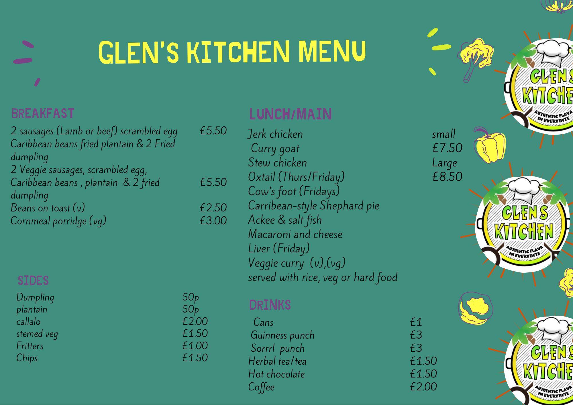 Menu at Glen's Kitchen cafe, Bristol