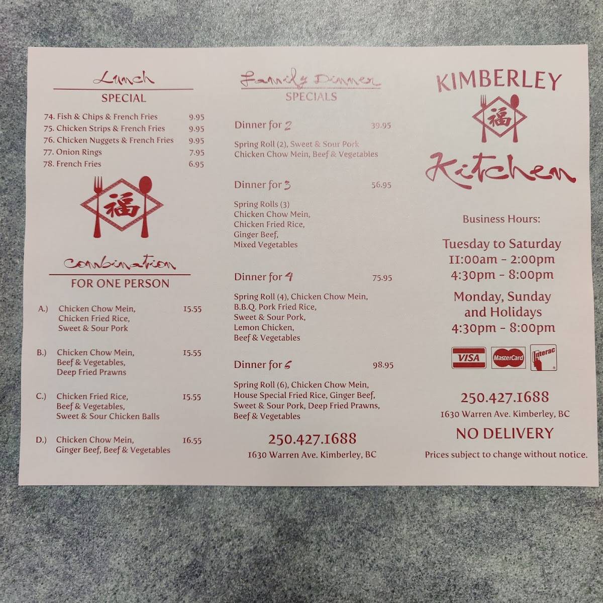Menu at Kimberley Kitchen restaurant, Kimberley