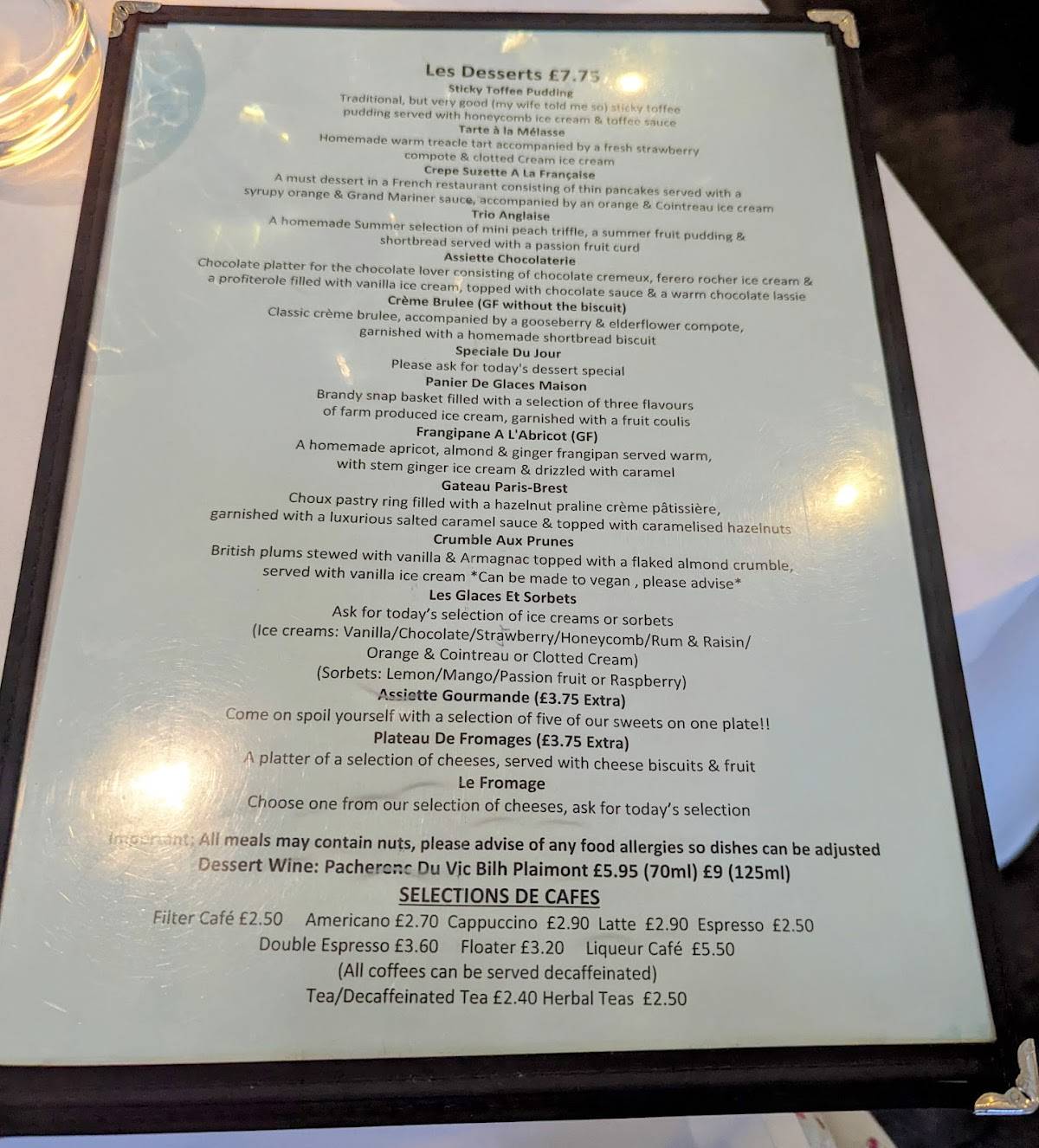 Menu at La Boheme restaurant, Lymm