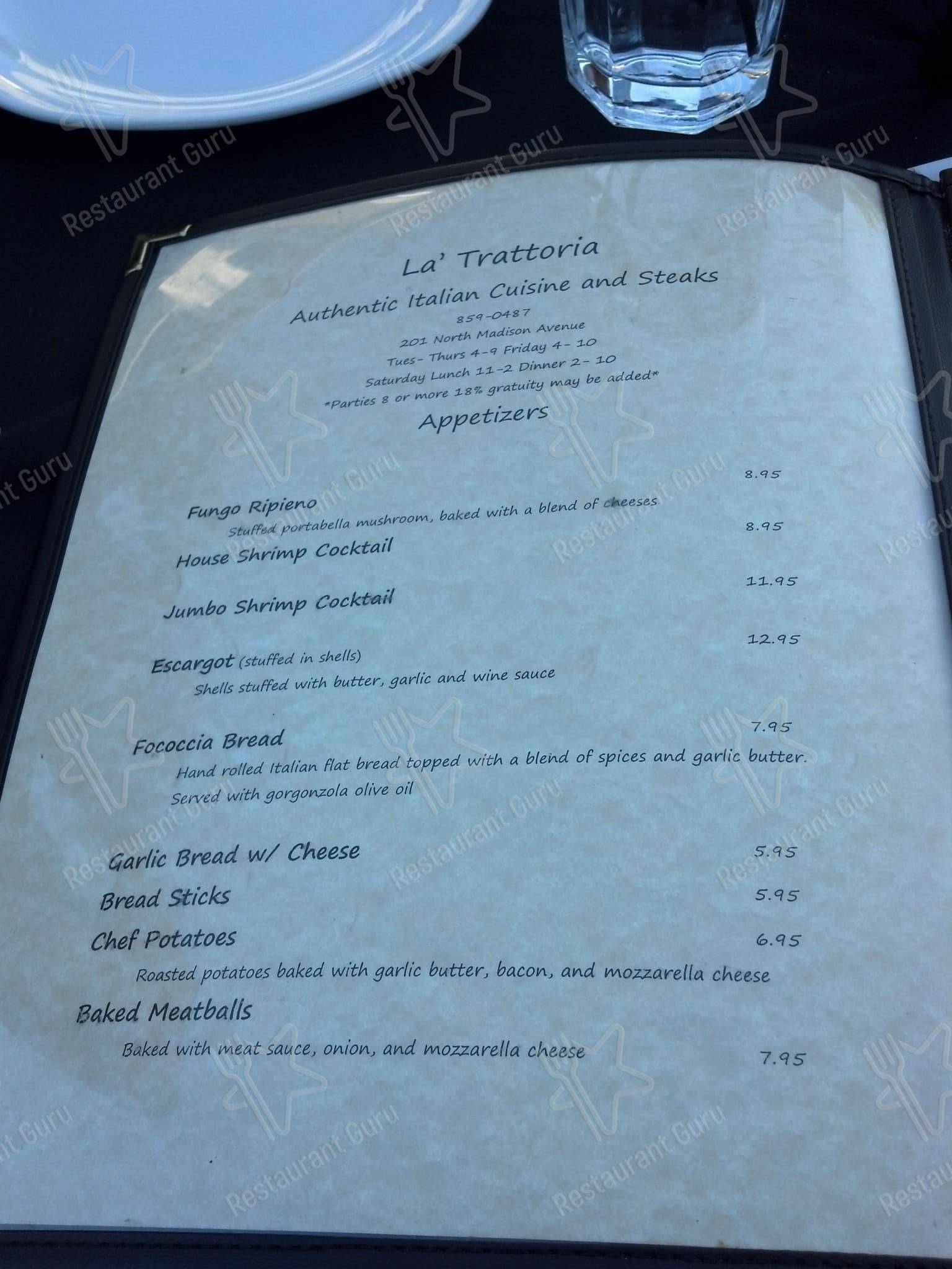 Menu at La Trattoria Italian Restaurant, Greenwood