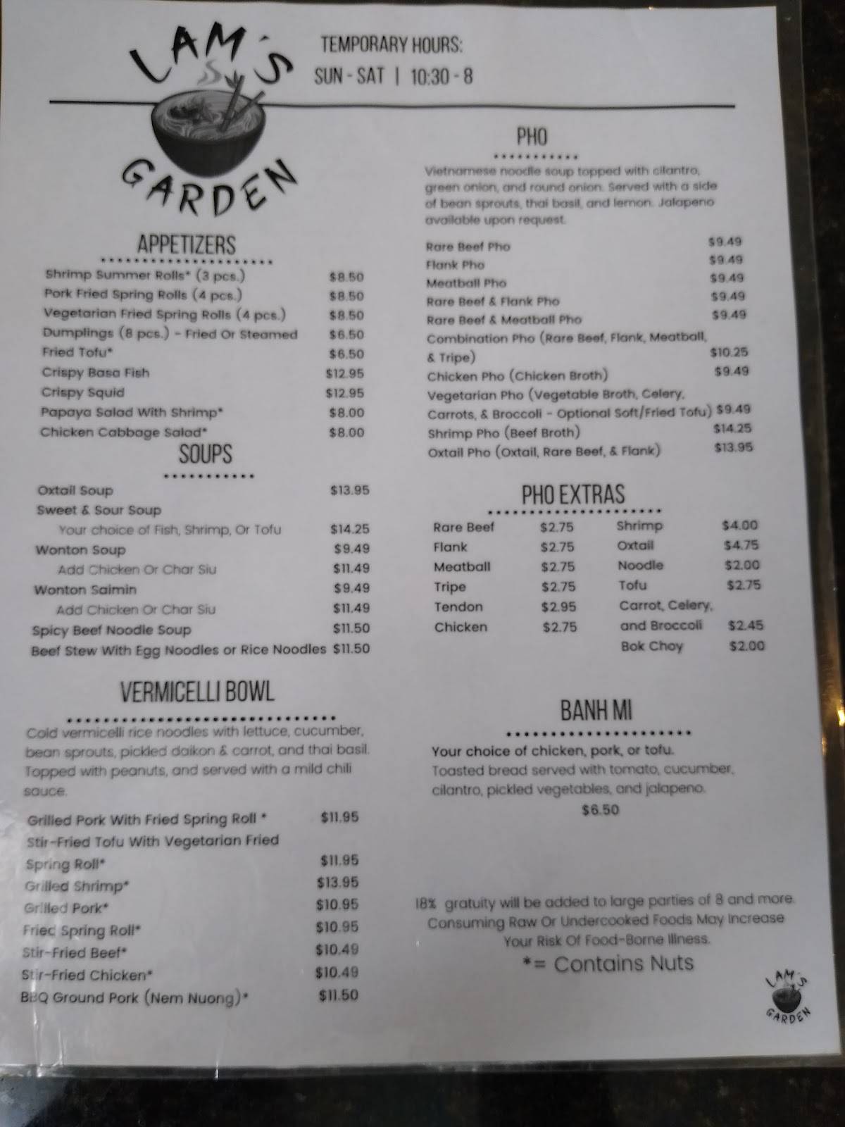 Menu at Lam's Garden restaurant, Hilo