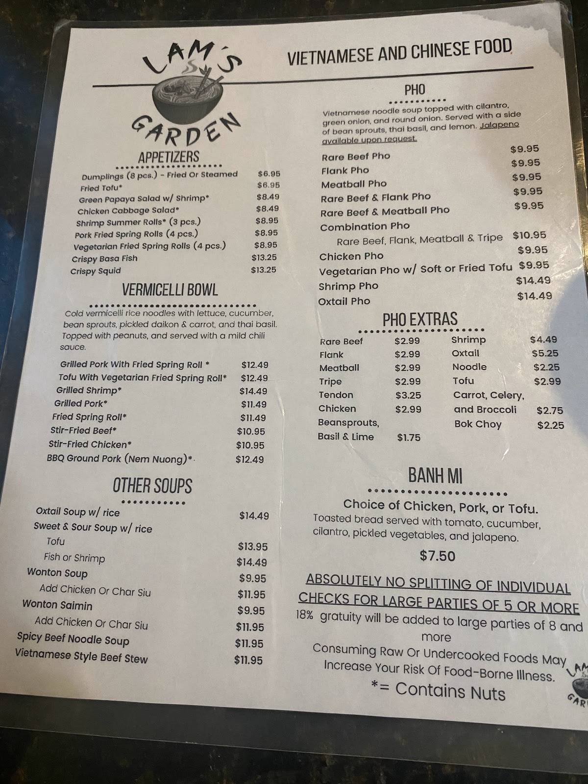 Menu at Lam's Garden restaurant, Hilo