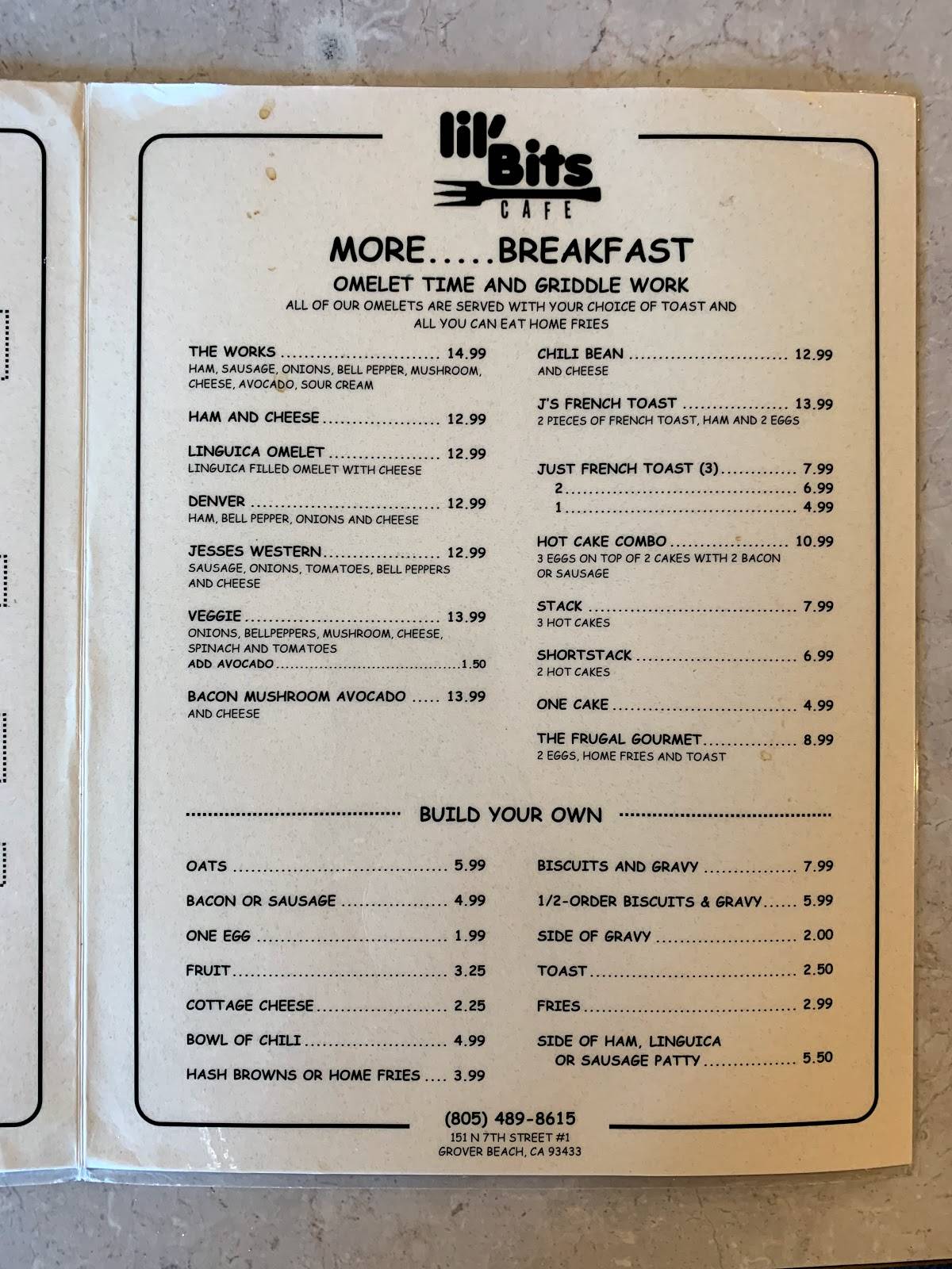 Menu at Lil' Bits Café restaurant, Grover Beach