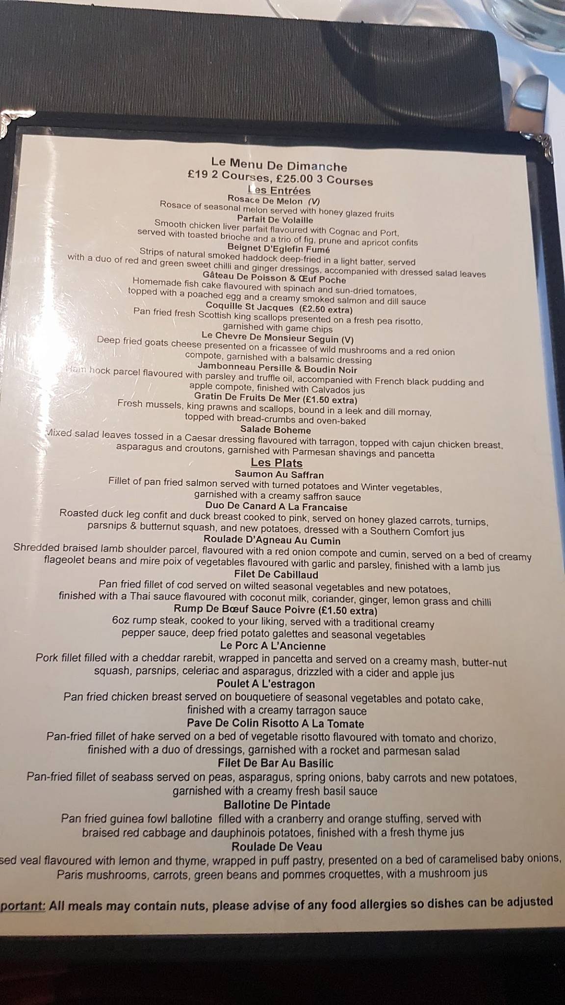 Menu at La Boheme restaurant, Lymm