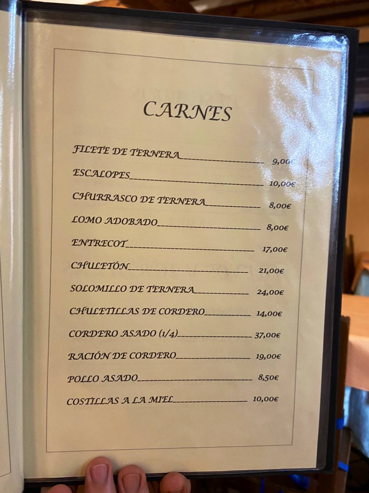 Carta del restaurante Mesón Serrano, Buitrago del Lozoya
