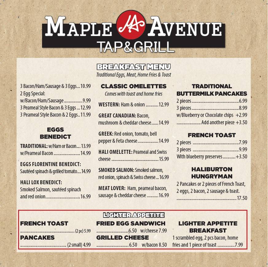 Menu at Maple Avenue Tap & Grill pub & bar, Haliburton