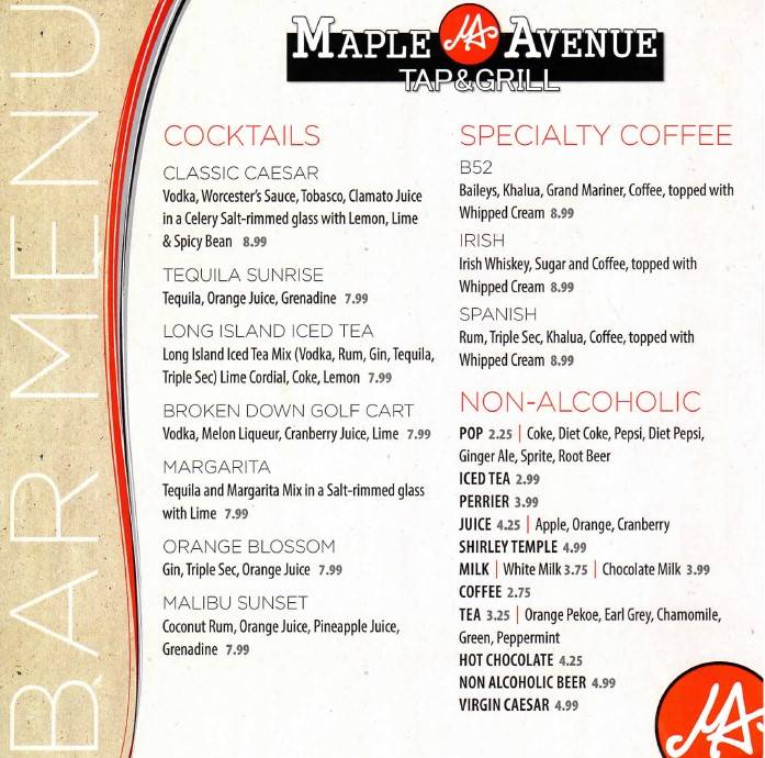 Menu at Maple Avenue Tap & Grill pub & bar, Haliburton