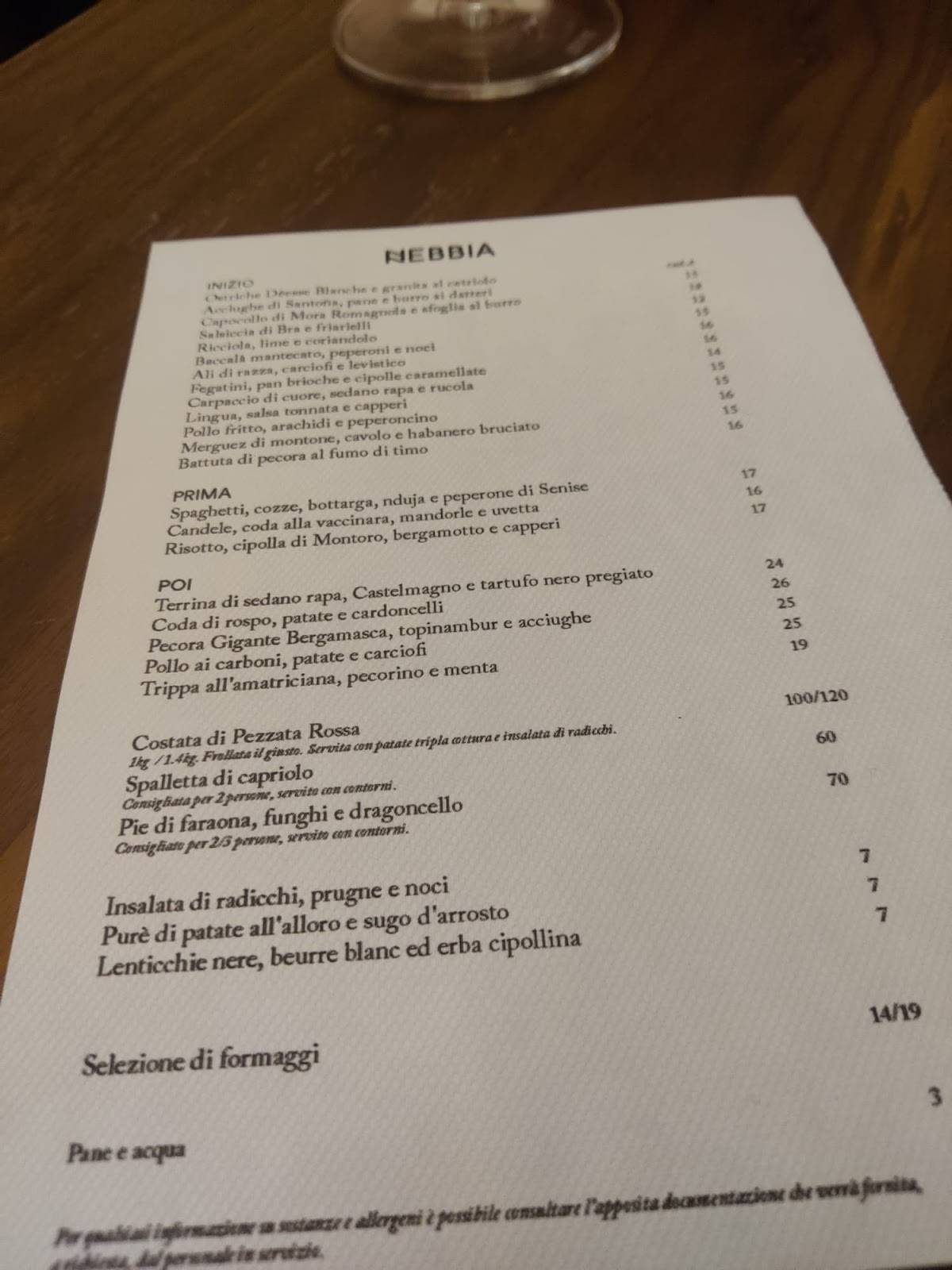 Menu at Nebbia restaurant, Milan