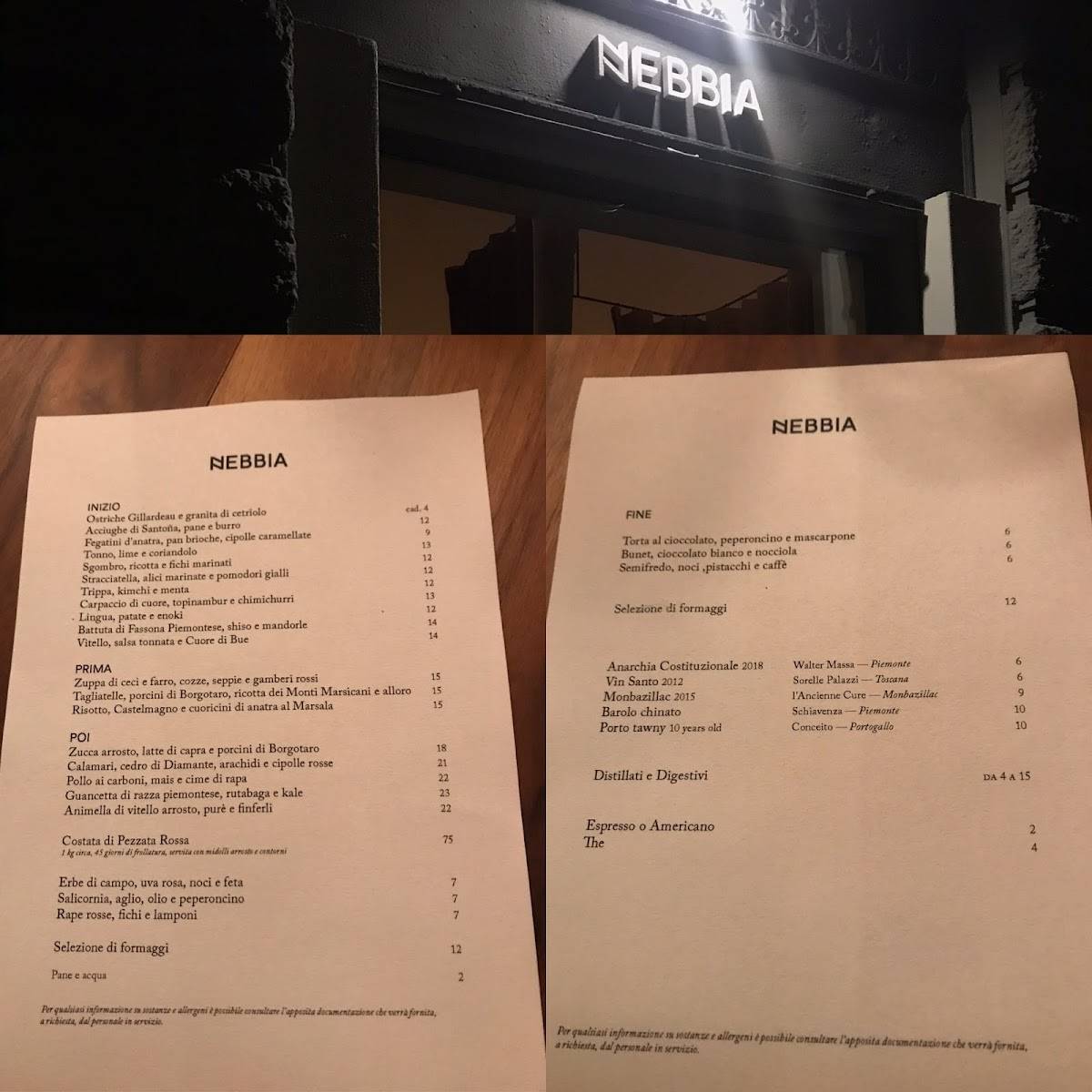 Menu at Nebbia restaurant, Milan