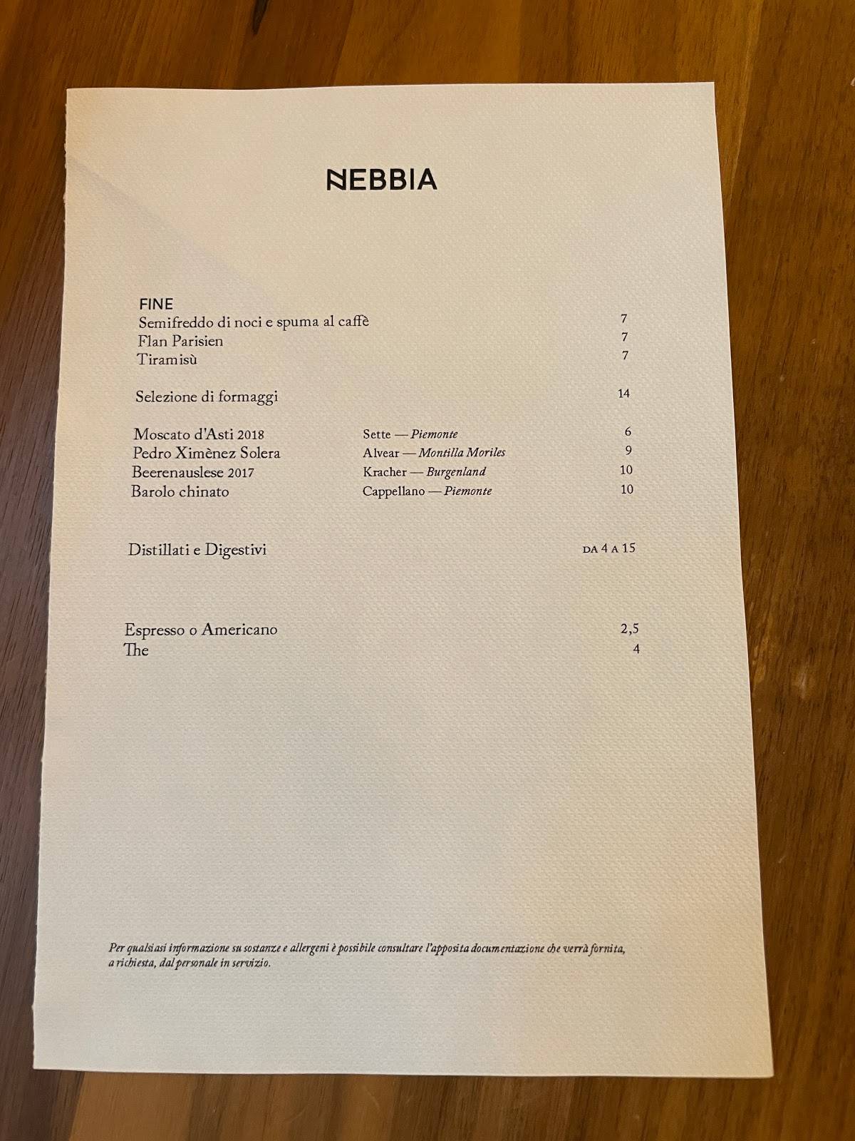 Menu at Nebbia restaurant, Milan