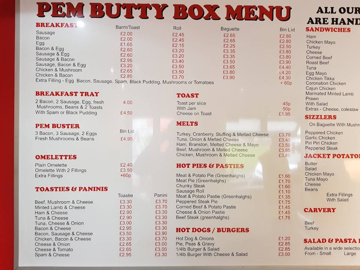 Menu at Pem Butty Box cafe, Wigan