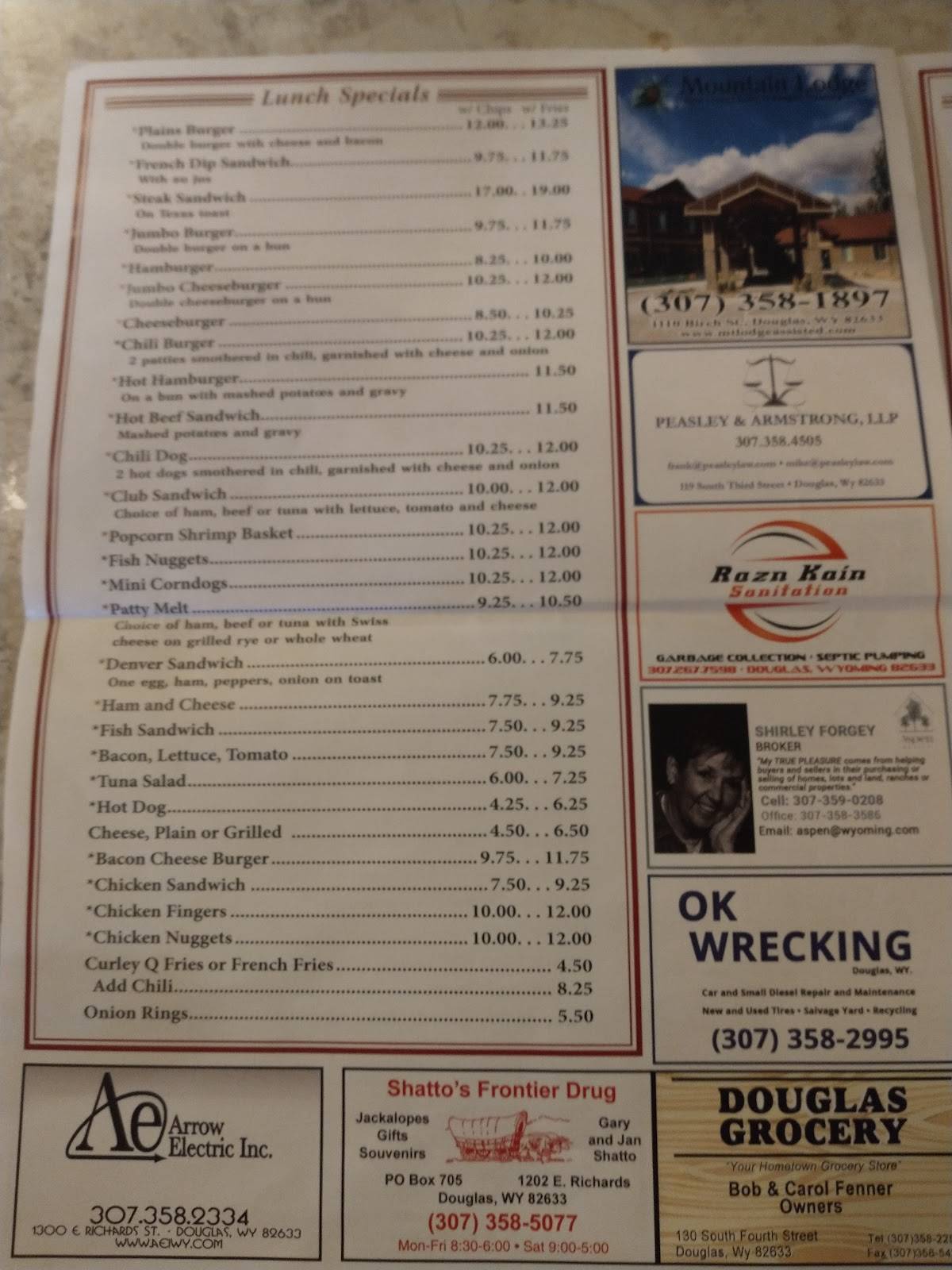 Menu at Plains Trading Post Restaurant, Douglas