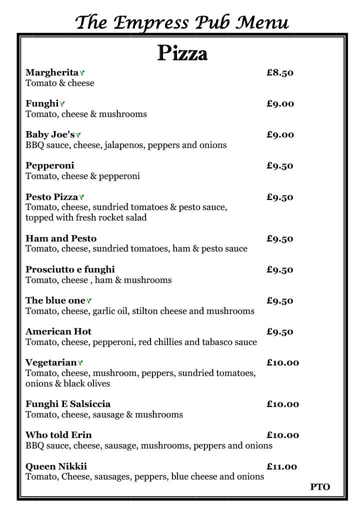 Menu at The Empress pub & bar, Cambridge