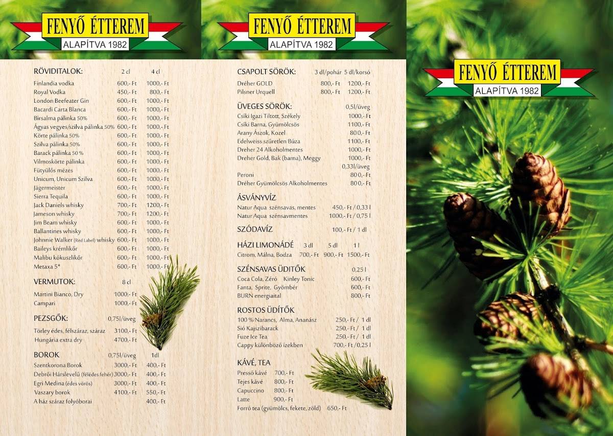 Menu at Fenyő Vendéglő restaurant, Budaörs