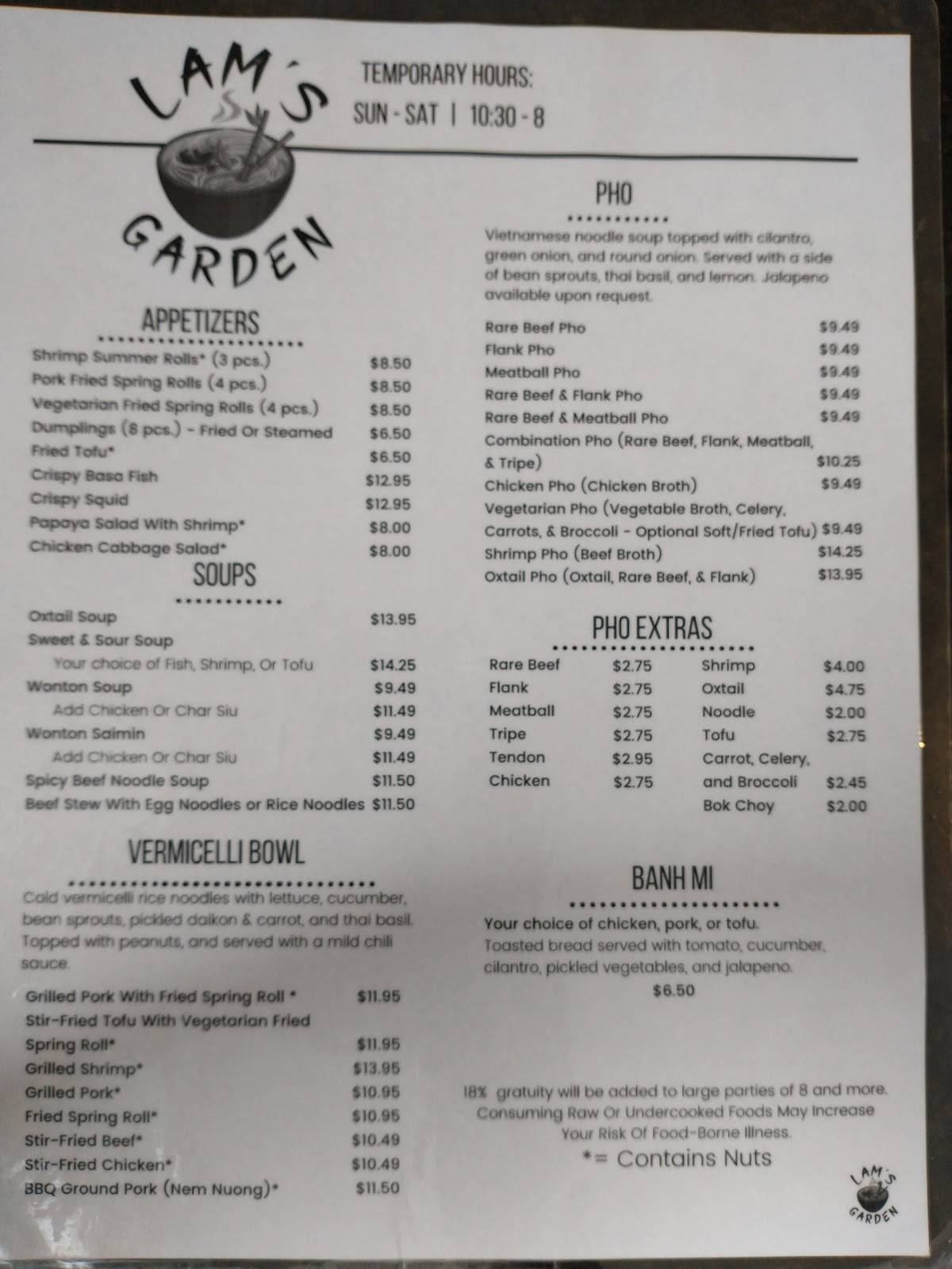 Menu at Lam's Garden restaurant, Hilo