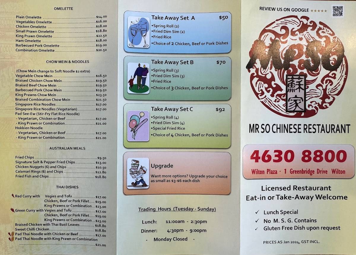 Menu at Mr So Chinese Restaurant, Wilton