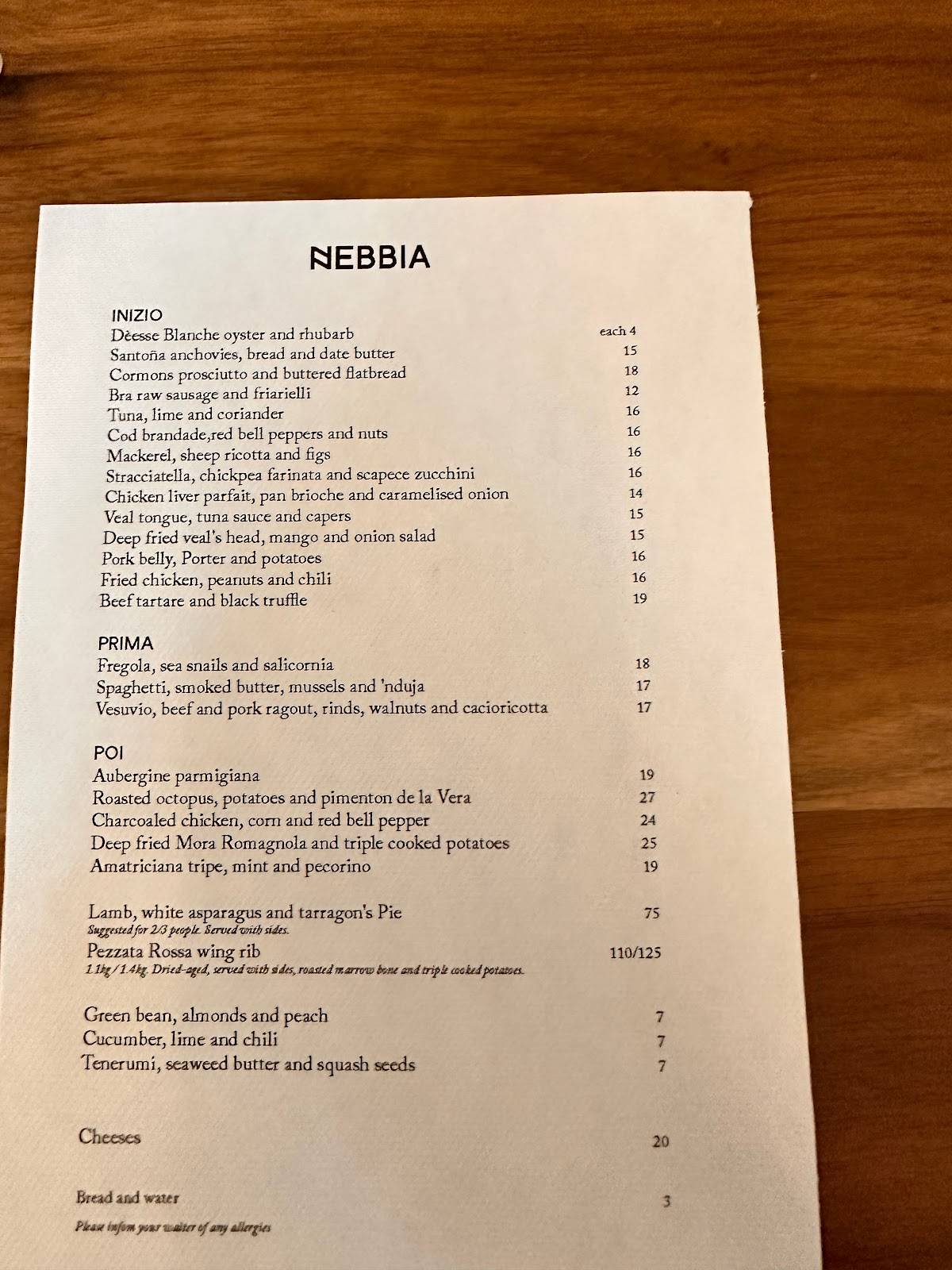 Menu at Nebbia restaurant, Milan