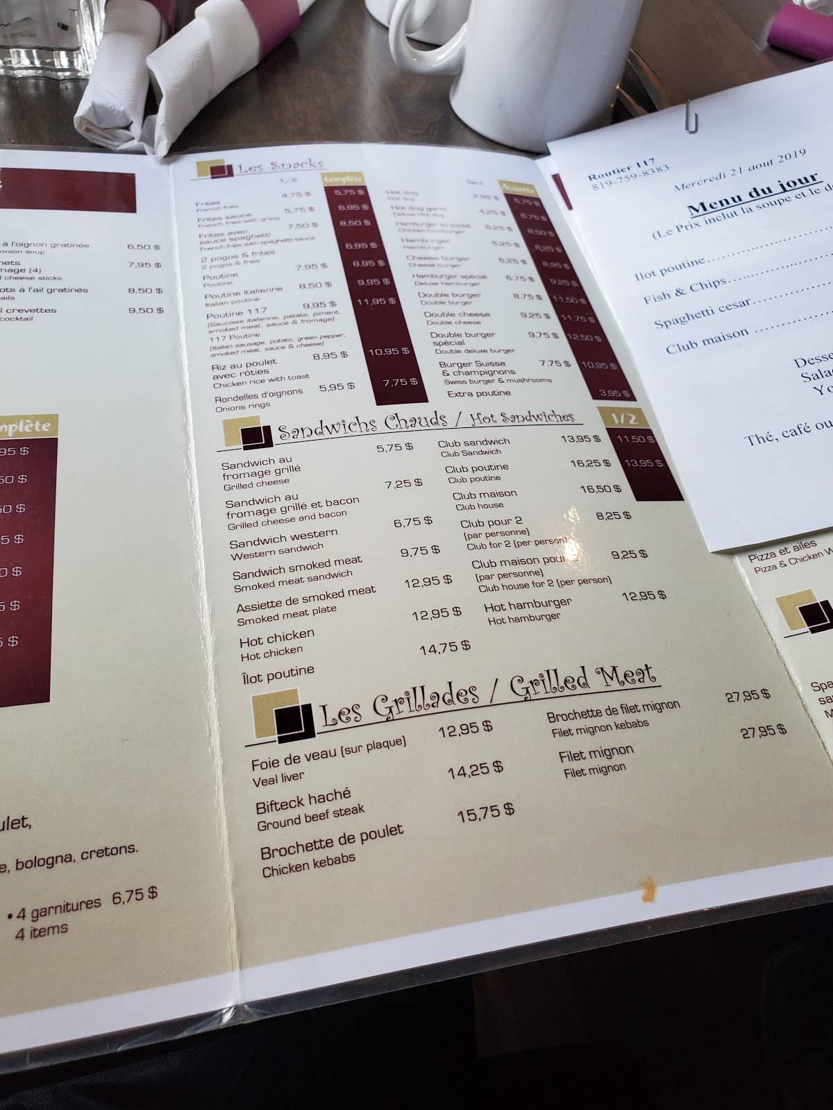 Menu au Routier 117 restaurant, Rouyn-Noranda, av. Larivière