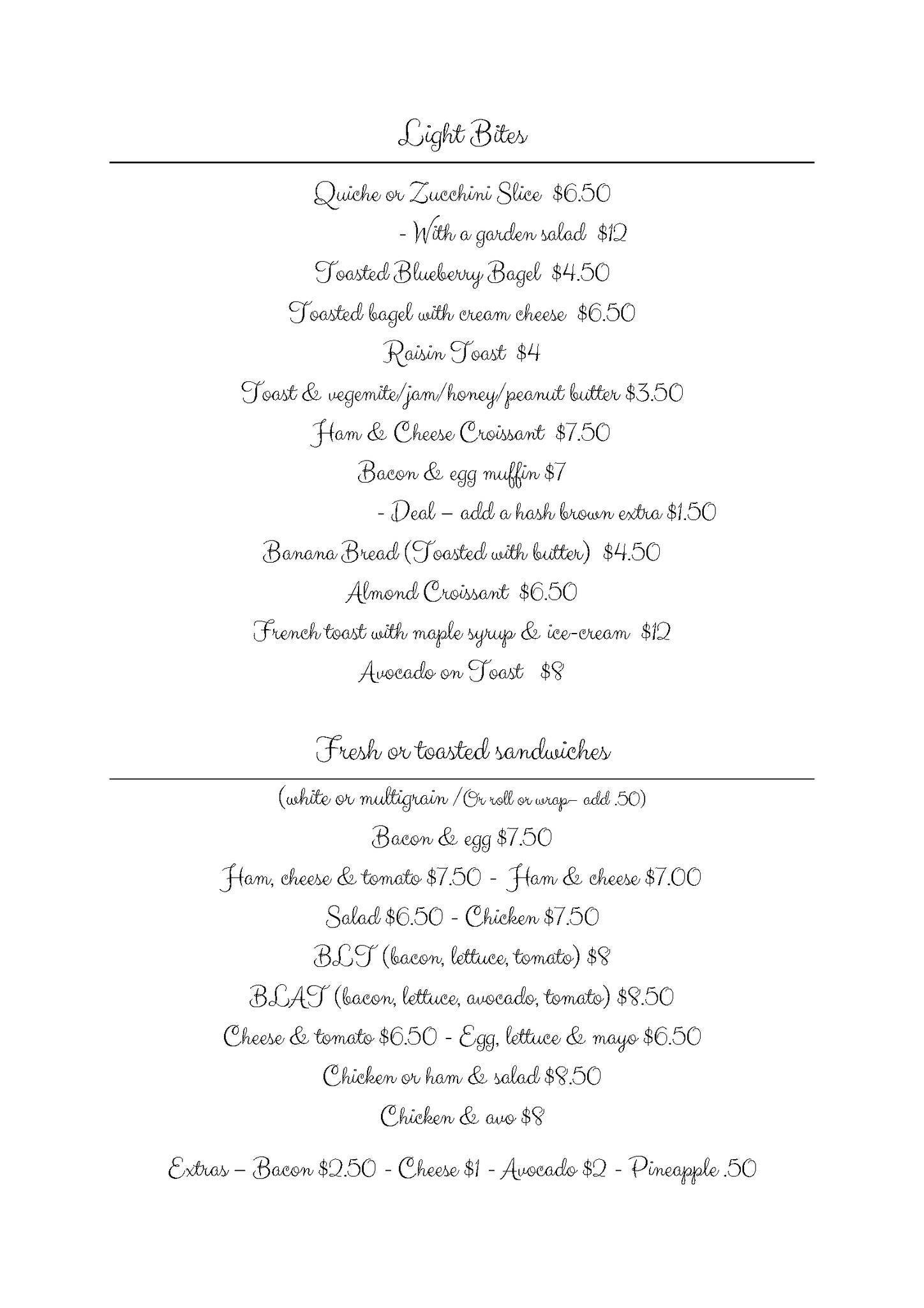 Menu at Serenity Cafe On the Passage, Bongaree