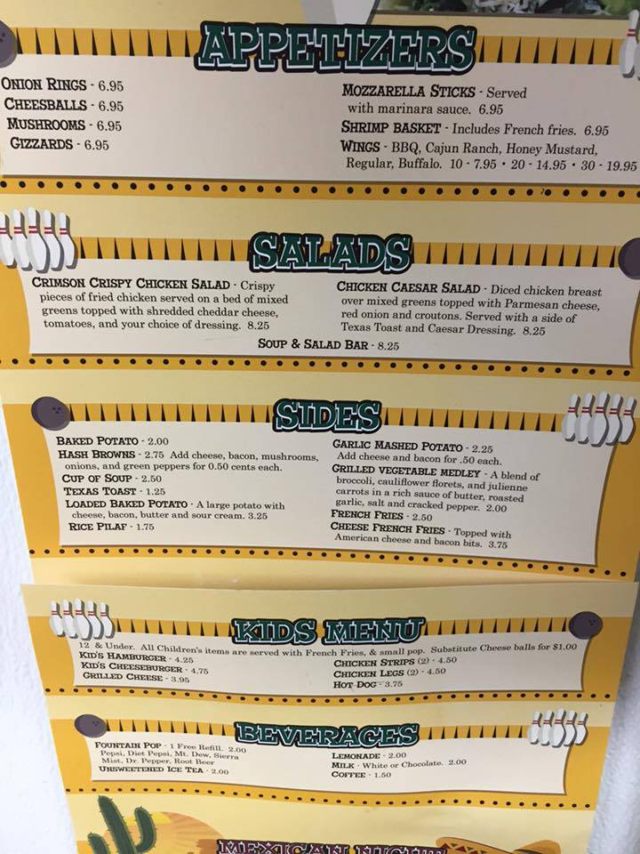 Menu at The Bowling Alley pizzeria, Odebolt