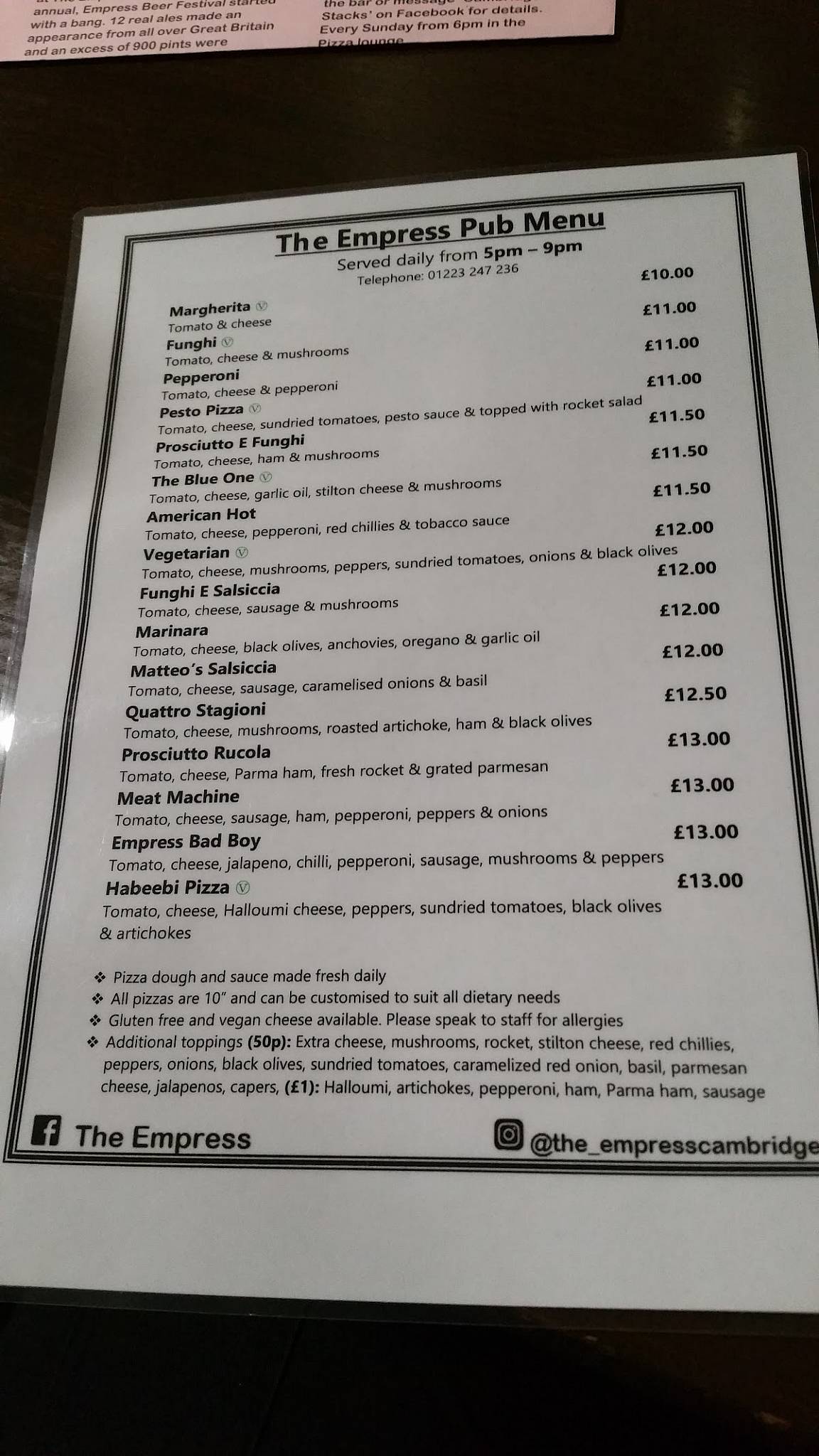 Menu at The Empress pub & bar, Cambridge