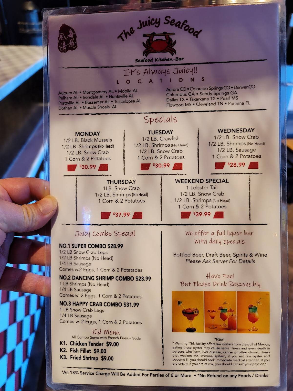 Menu at The Juicy Seafood Restaurant, Muscle Shoals