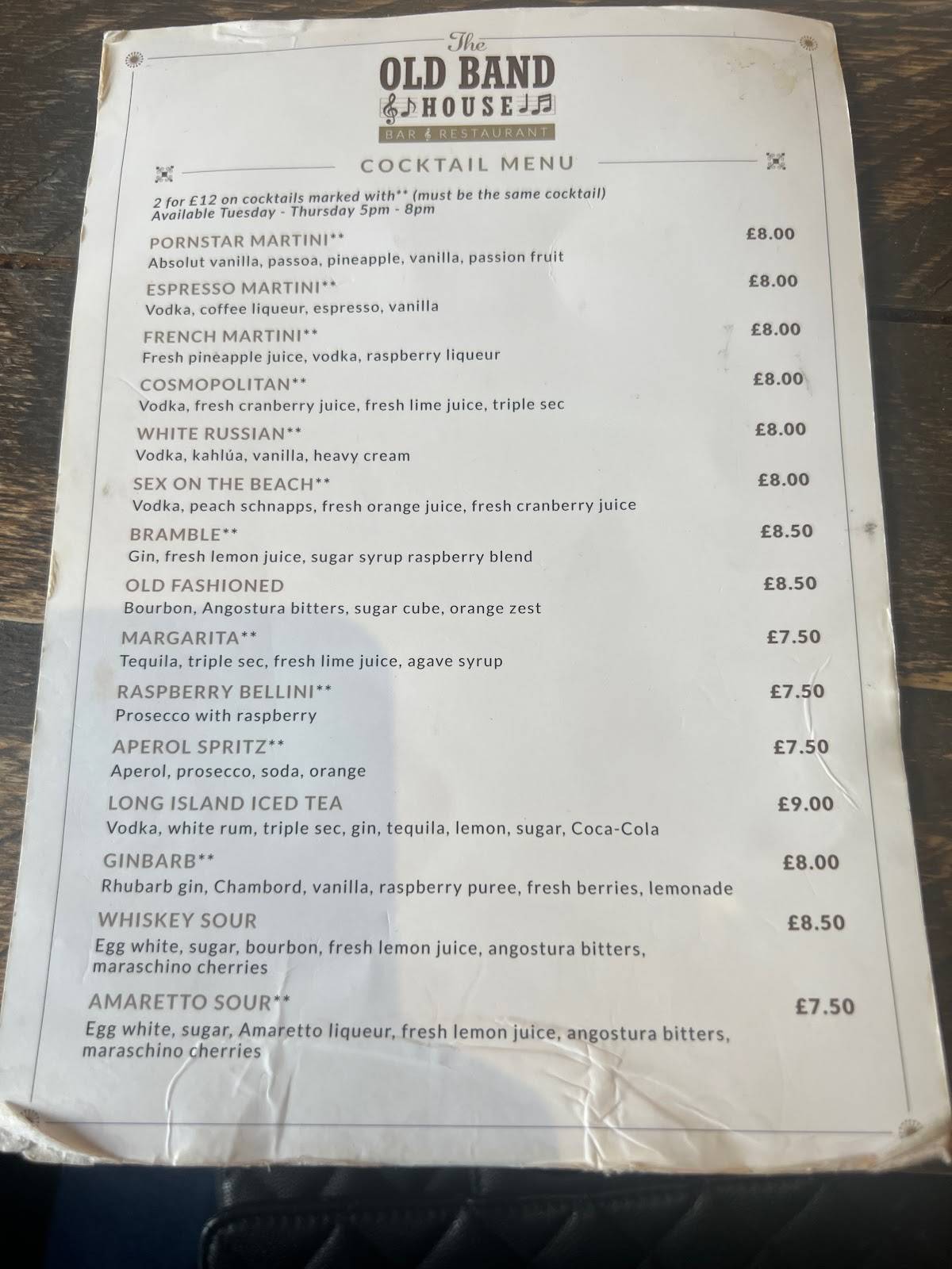 Menu at The Old Band House pub & bar, Wigan