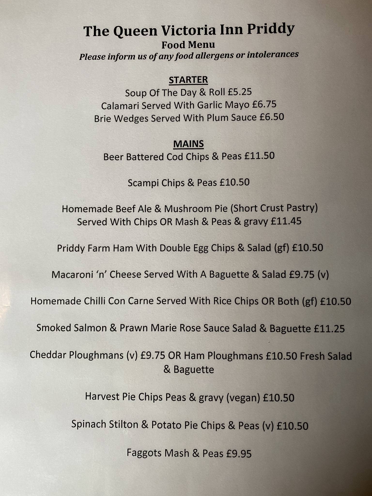 Menu at The Queen Victoria Inn pub & bar, Priddy