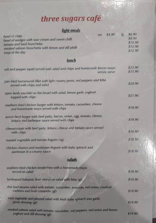 Menu at Three Sugars Cafe, Warburton