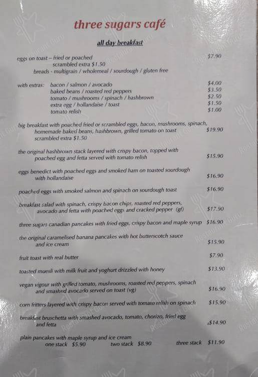 Menu at Three Sugars Cafe, Warburton