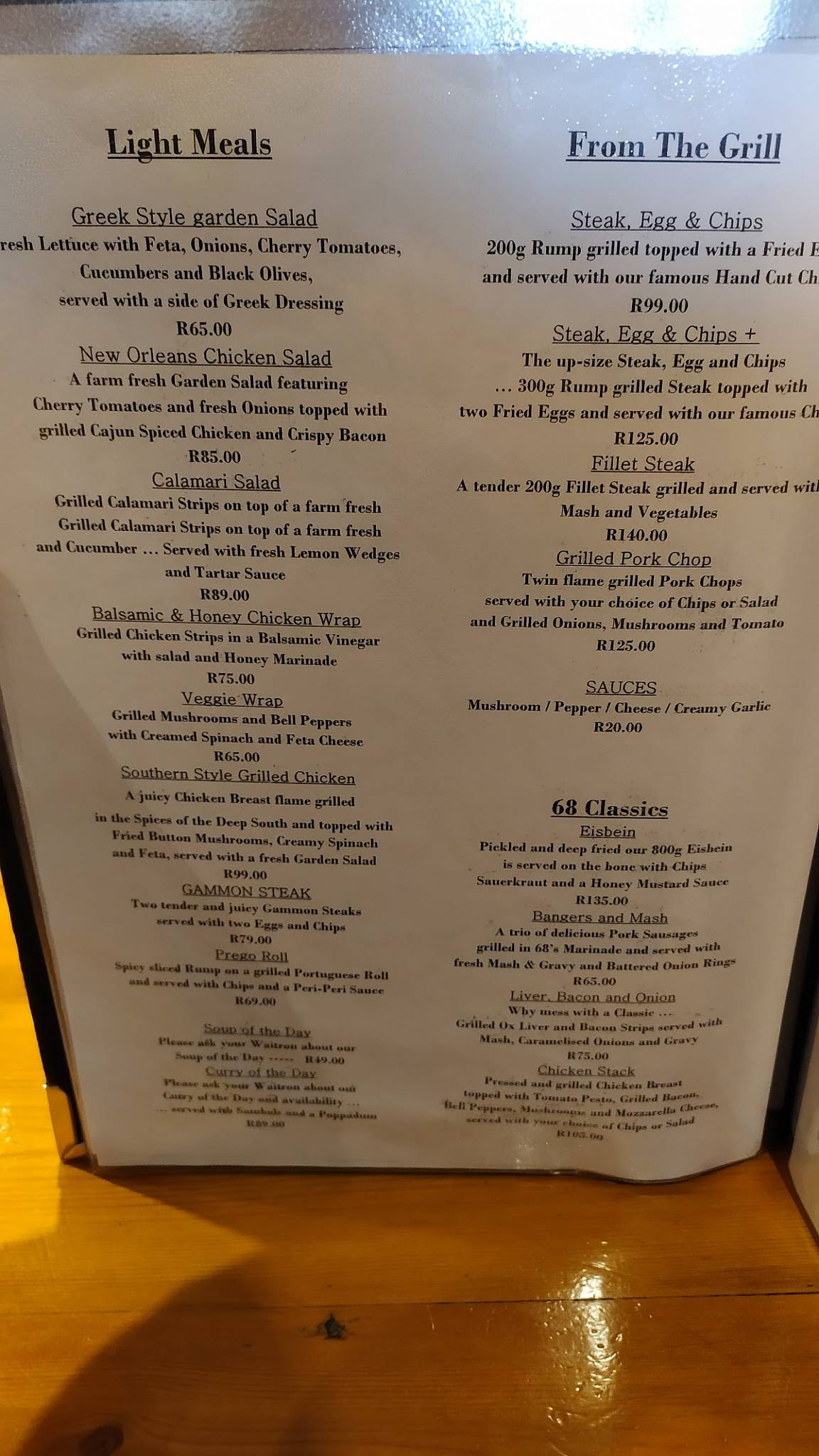 Menu at 68 Main restaurant, Howick