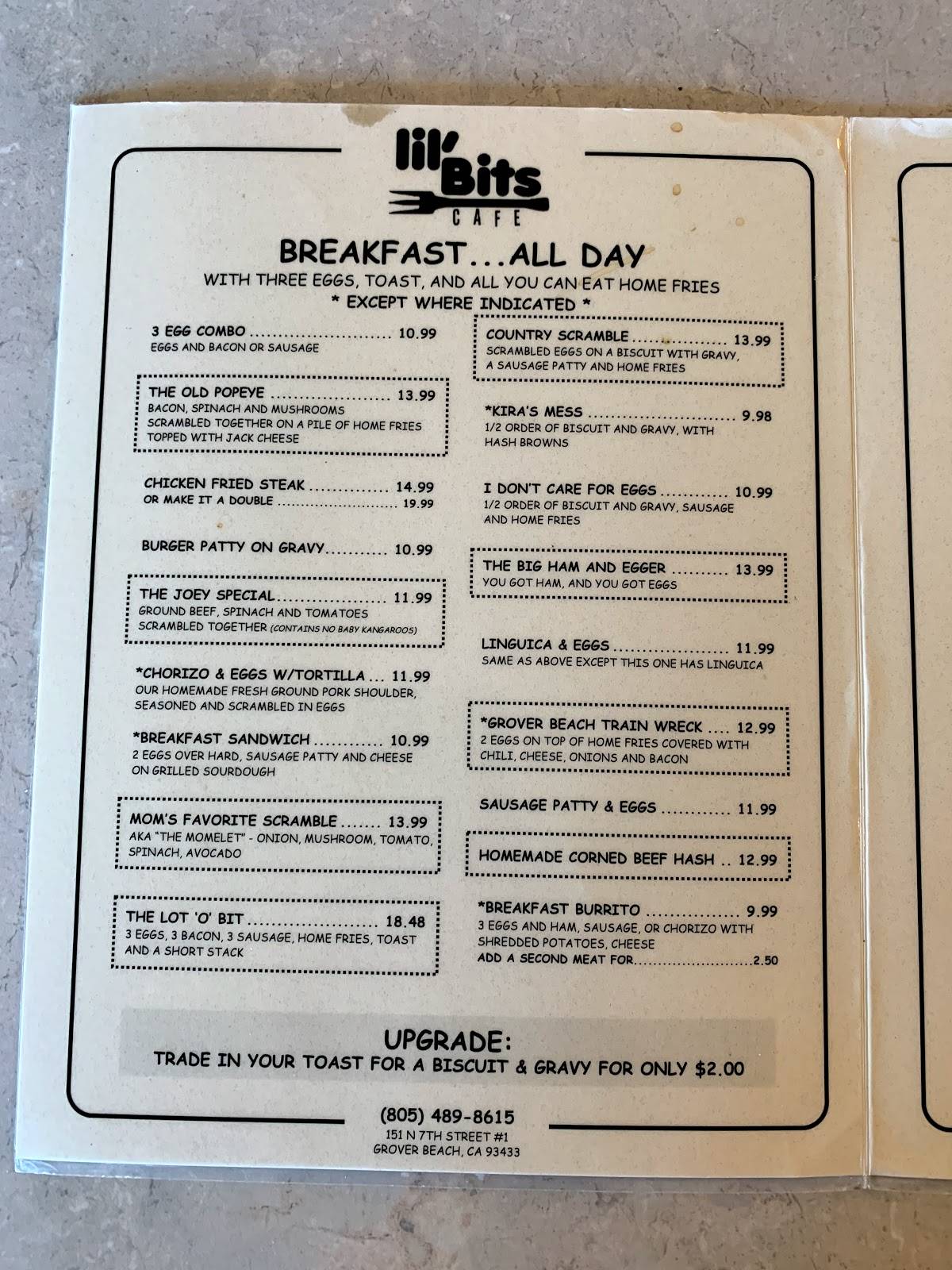 Menu at Lil' Bits Café restaurant, Grover Beach
