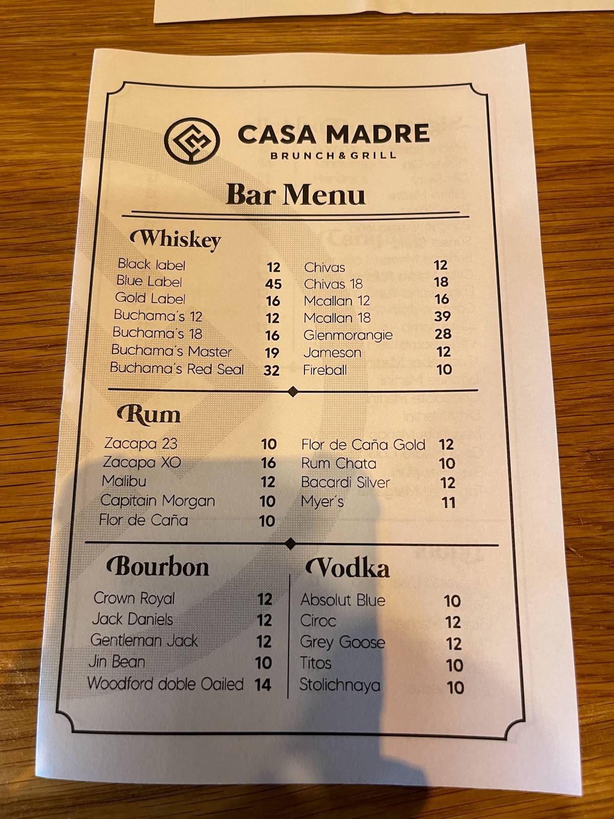 Menu at Casa Madre Brunch & Grill restaurant, McAllen