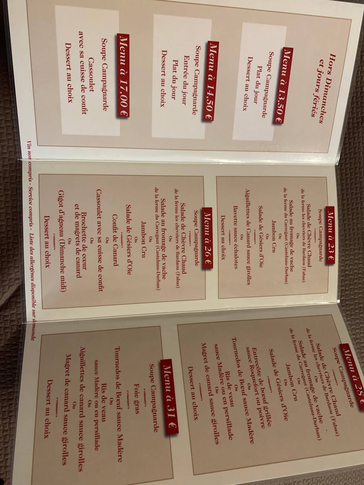 Menu au Restaurant Chez Victor, Castelnau-Durban