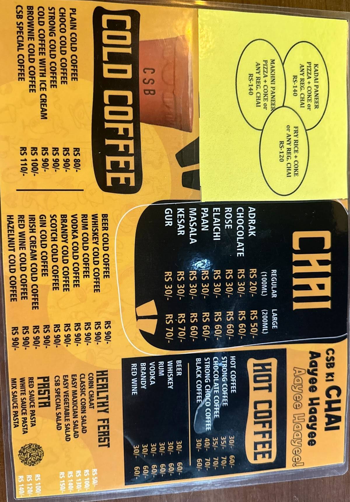 Menu at Chai Sutta Bar Zira, Zira